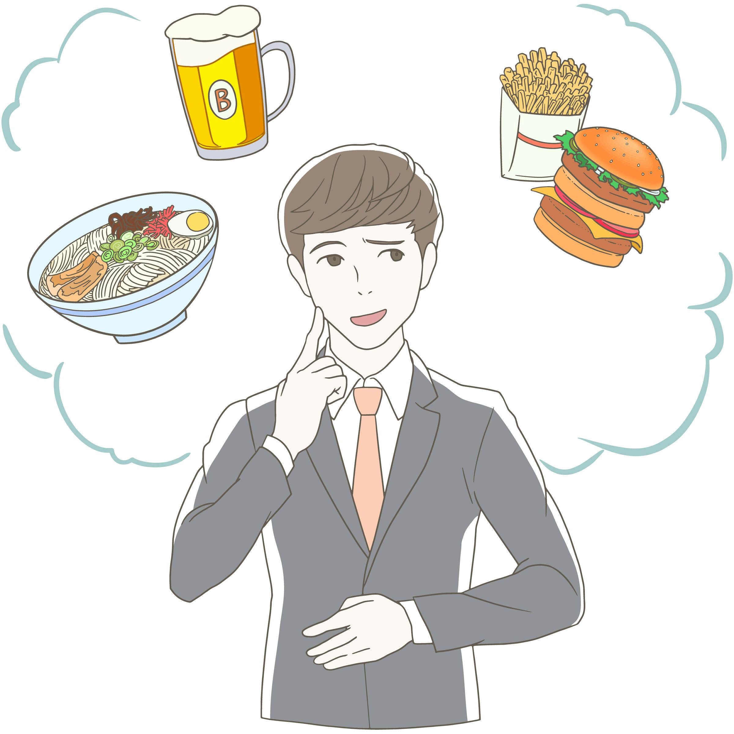 飲み過ぎ食べ過ぎに気を配る男_困り顔_ジャンクフード