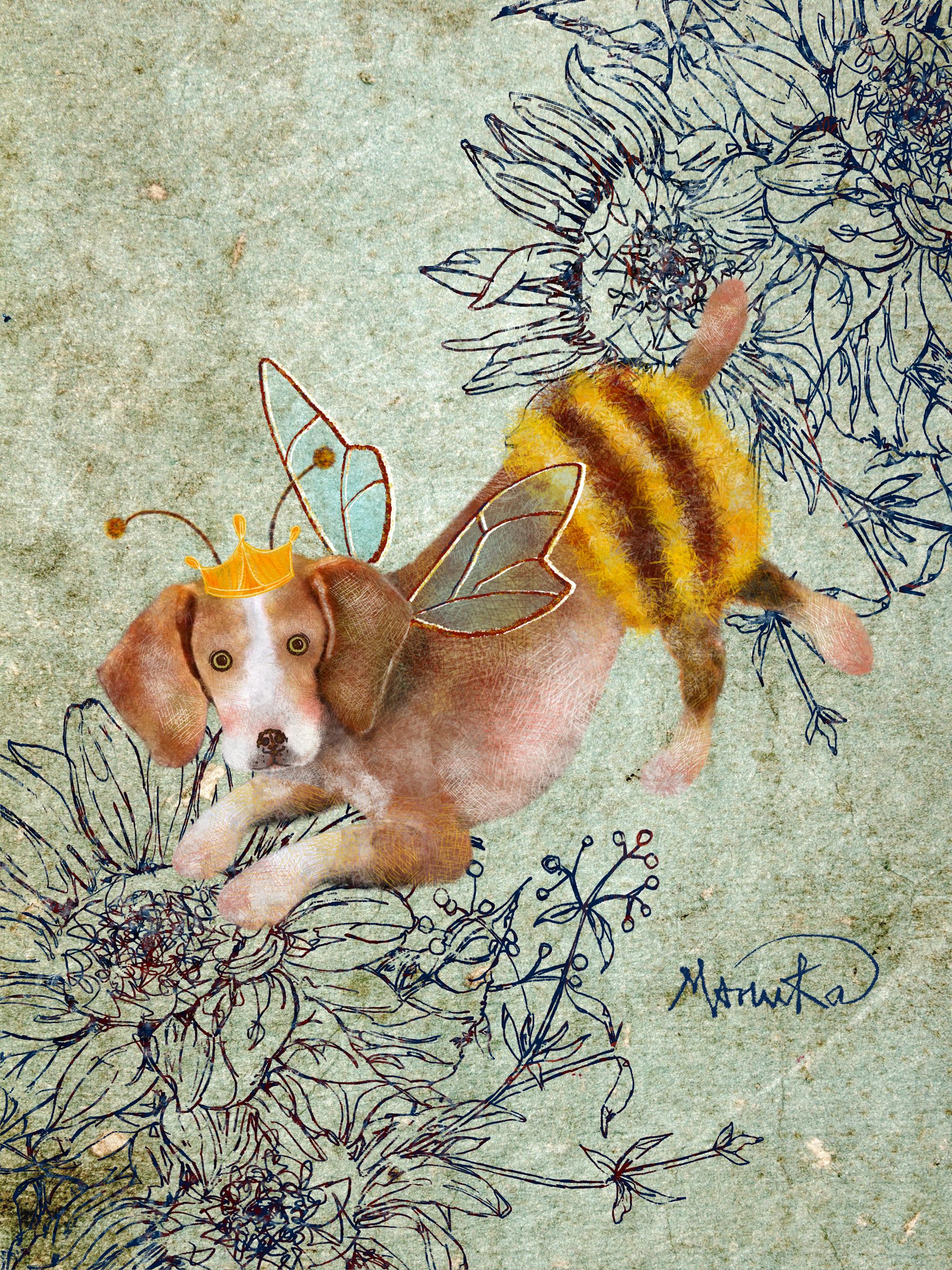 Beagle dog in bumble bee costume